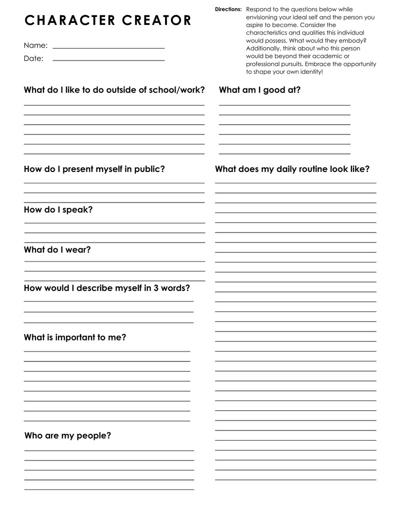 Character Creator Worksheet - Etsy