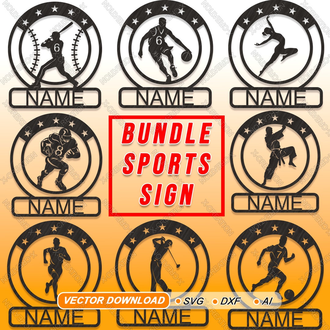 Custom Sports Name Sign Bundle Laser Cut File SVG, Wall Art Monogram ...