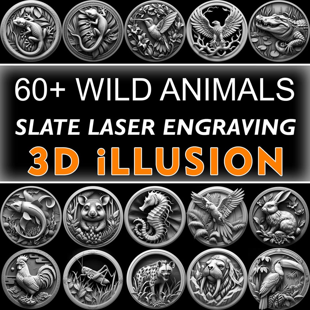 Wild Animal Laser Engraving File Bundle, 60 3D Illusion PNG for Slate ...