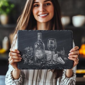 Slate Cheese Board Laser Engraving File, Wine Bottle, Glass, and Cheese ...