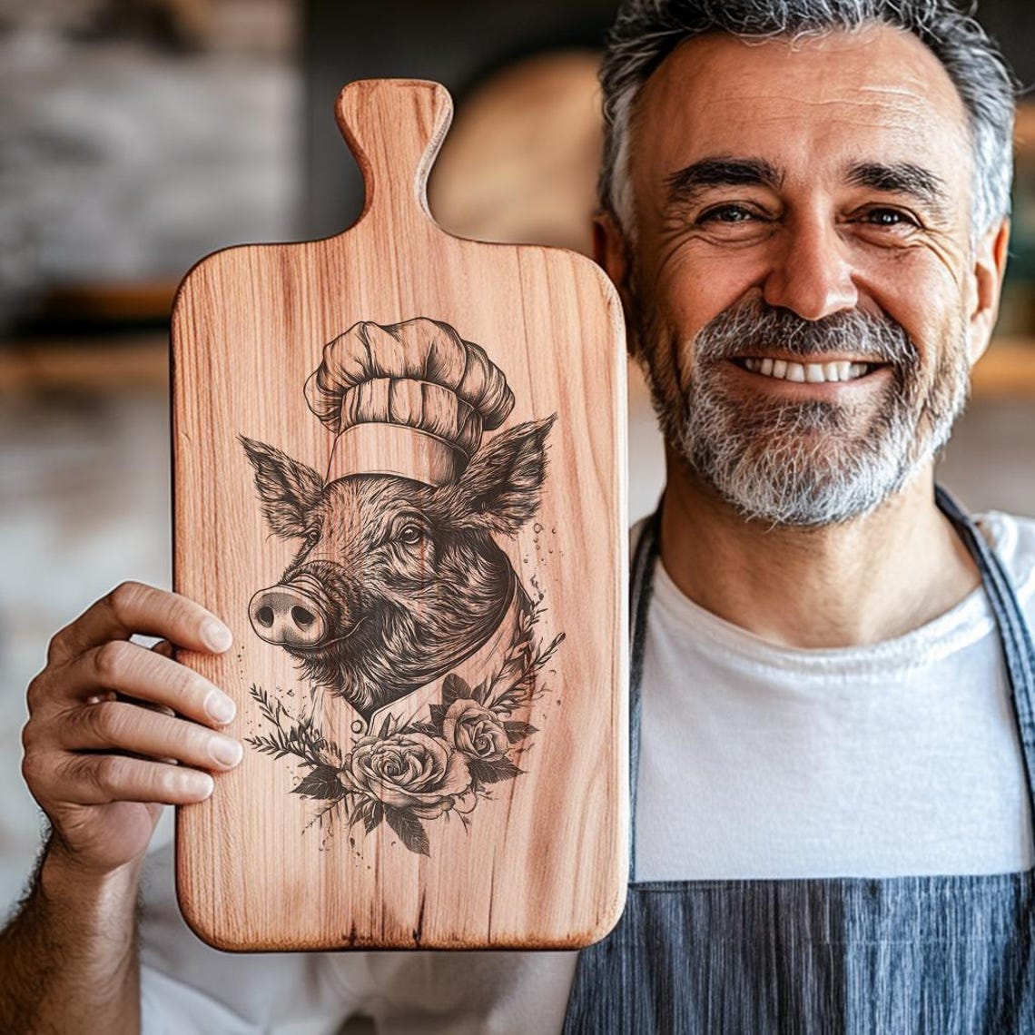 Pig Chef Engraving for Charcuterie Board, Farmhouse Kitchen Decor, PNG ...