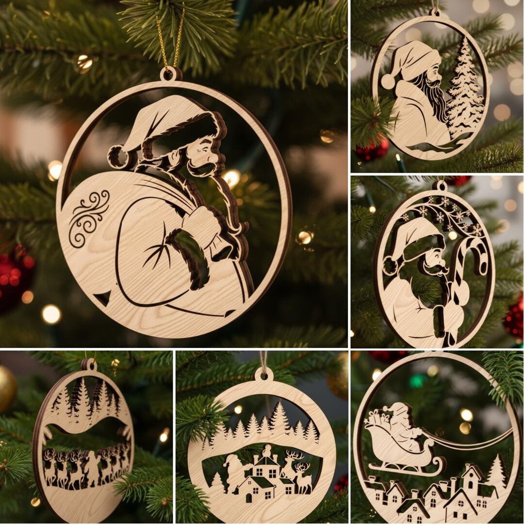 Christmas Laser File Bundle, 8 Santa Ornament SVG Designs, Holiday ...