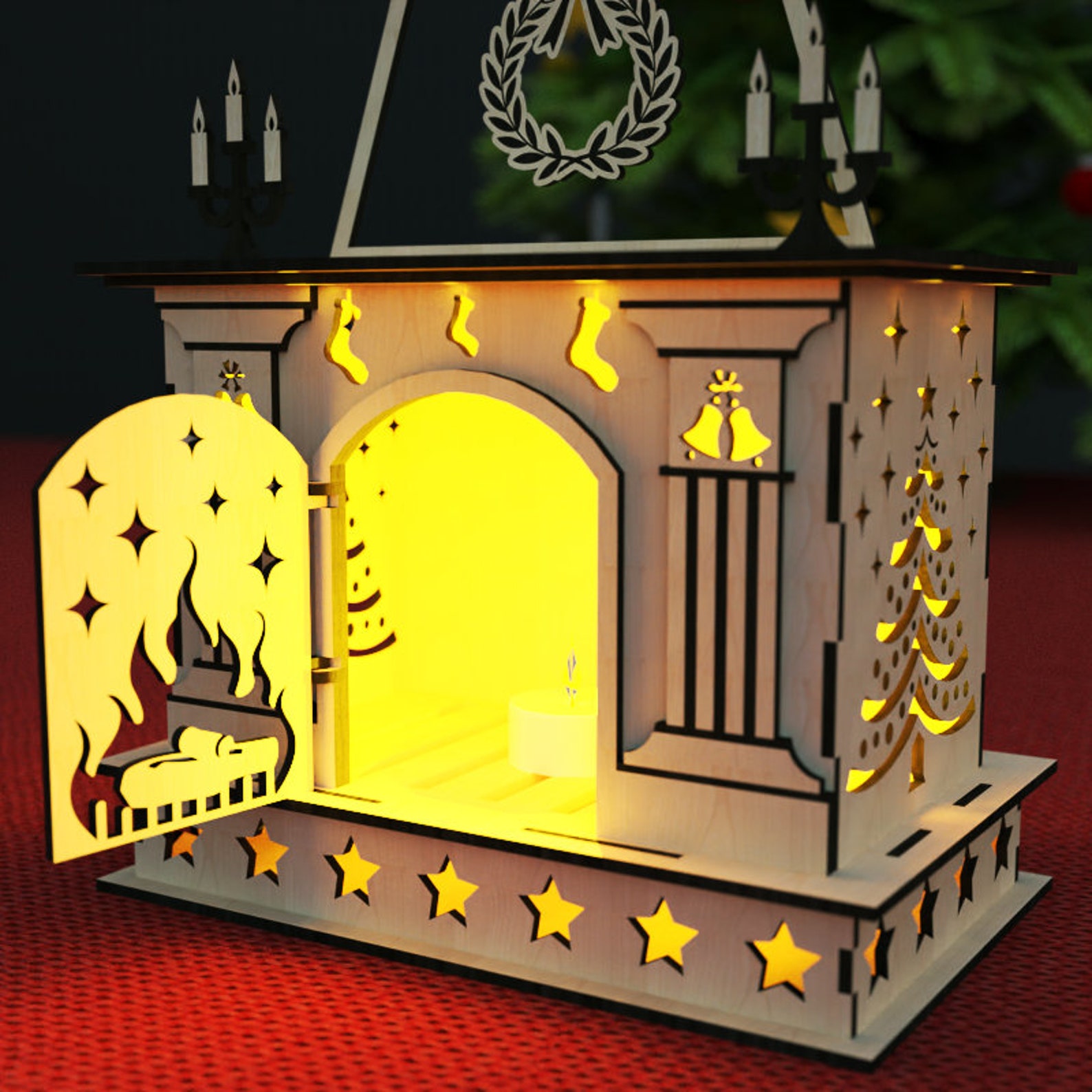 Christmas Fireplace Laser Cut File Candle Holder Lamp Night Light ...