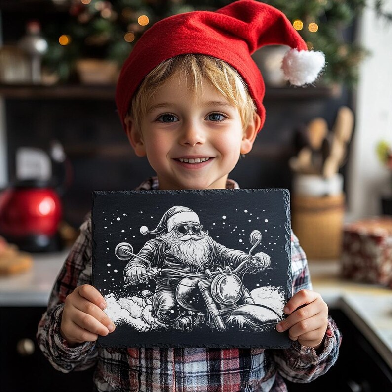 Slate Cheese Board Laser Engraving File, Santa on Classic Motorcycle ...