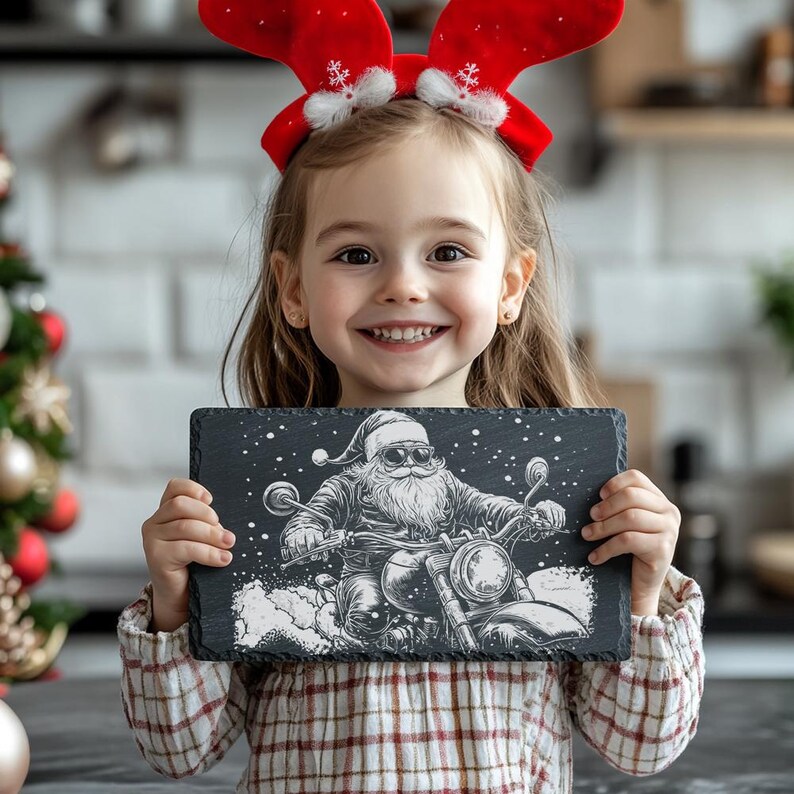 Slate Cheese Board Laser Engraving File, Santa on Classic Motorcycle ...