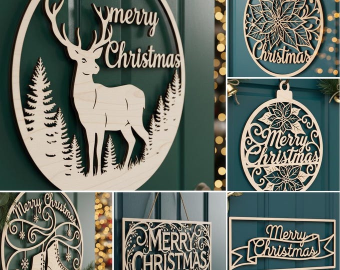 Christmas Door Hanger SVG Bundle, 6 Laser Cut Files for Round Christmas ...