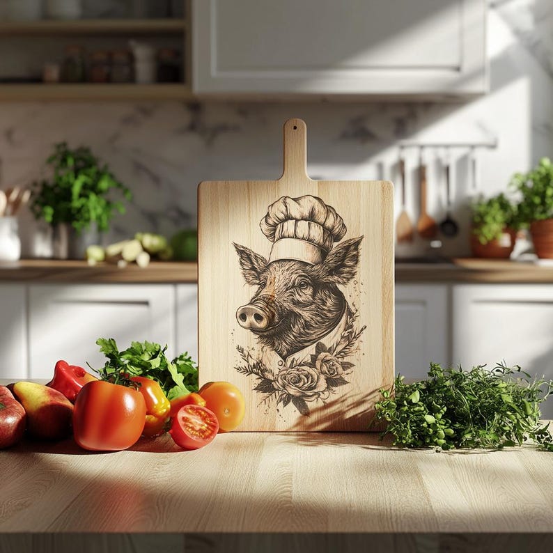 Pig Chef Engraving for Charcuterie Board, Farmhouse Kitchen Decor, PNG ...