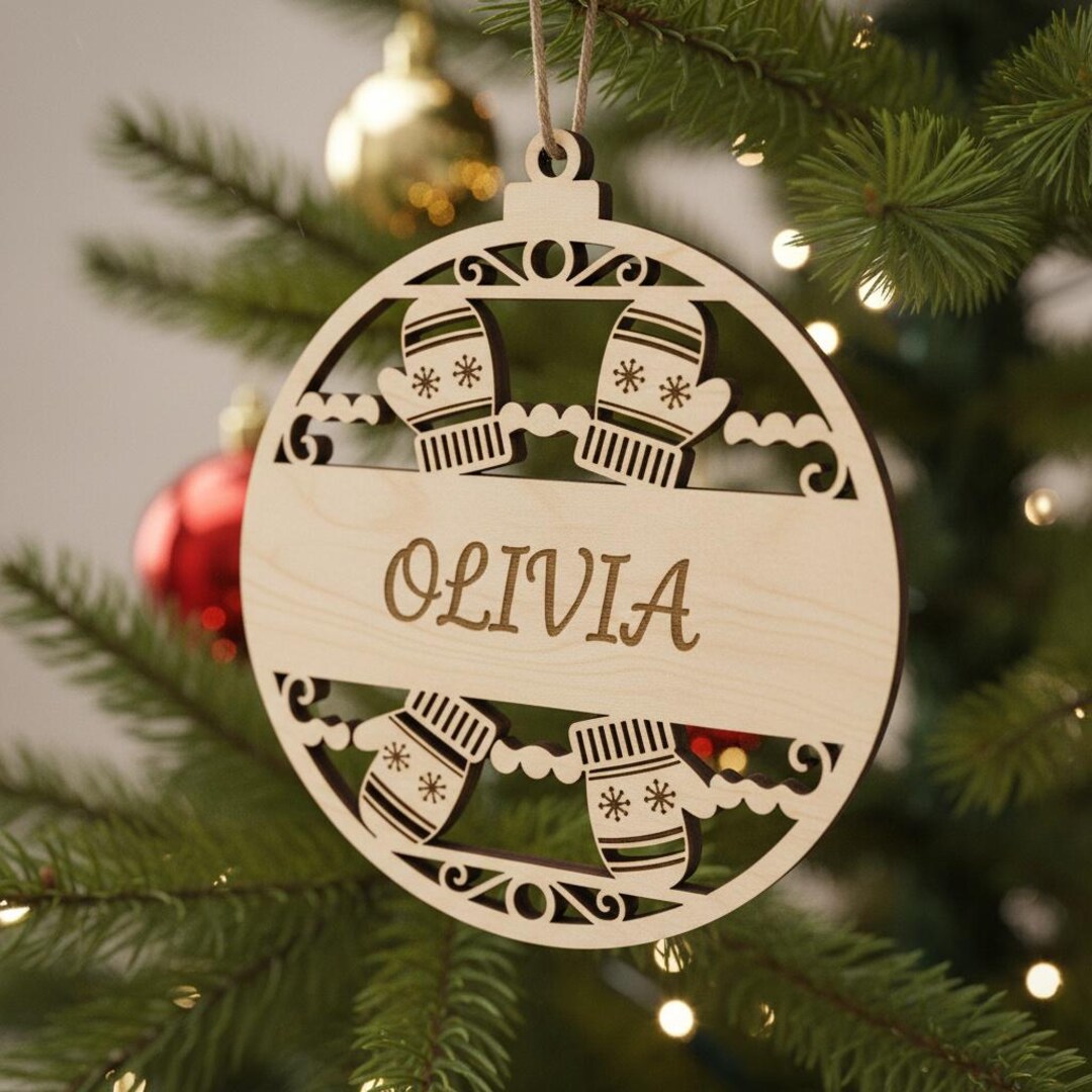 Laser Cut Ornament SVG, Personalized Mitten and Banner Christmas File ...