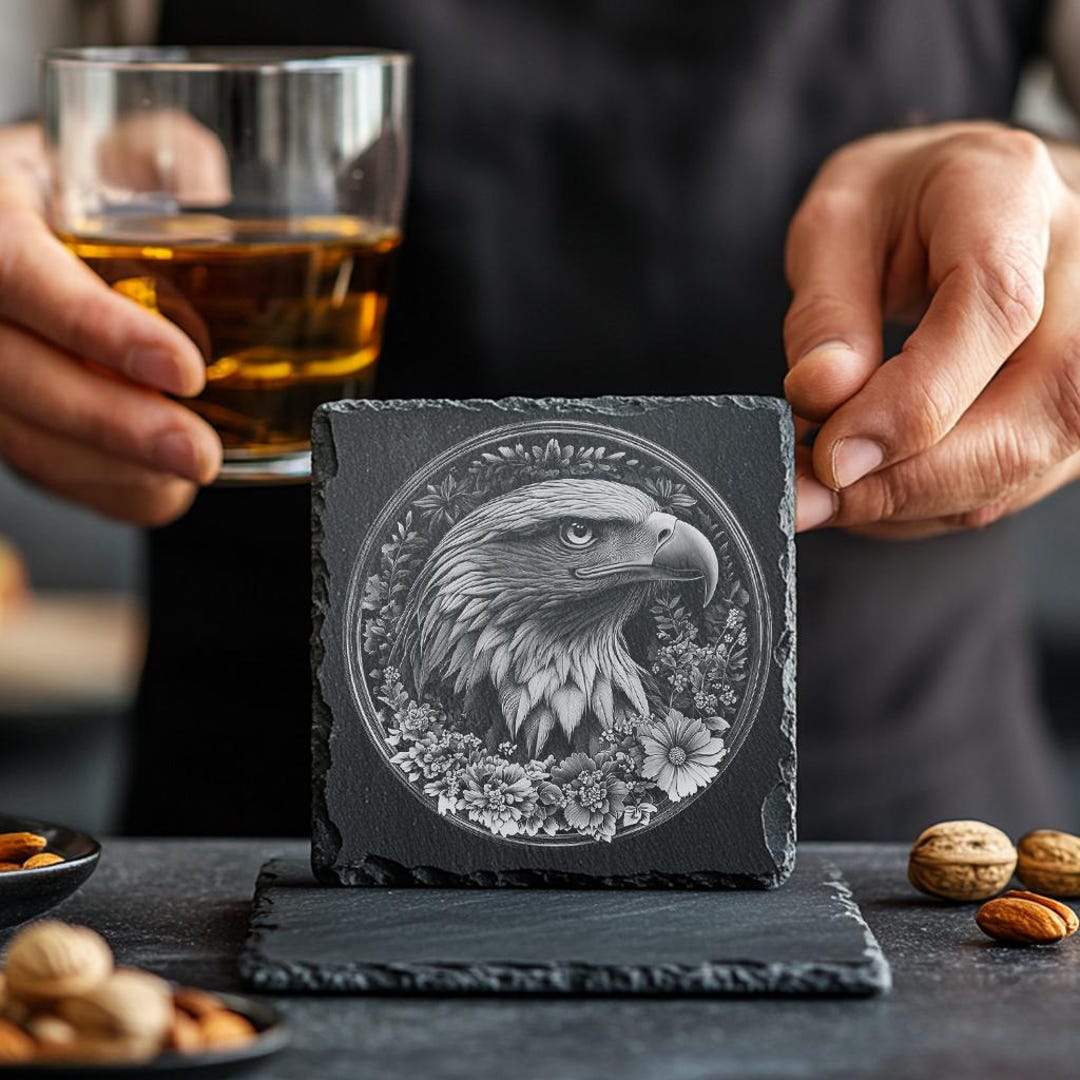 Slate Coaster Laser Engraving File, 3D Illusion, Wild Eagle | PNG Image ...