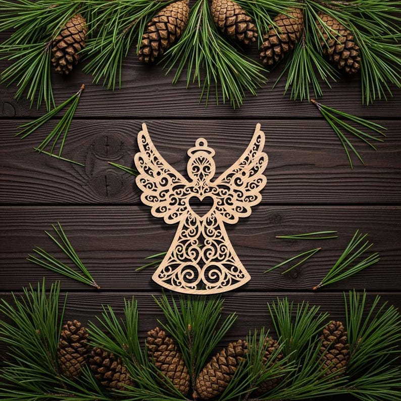 Angel Ornament SVG Laser Cut File, Intricate Christmas Angel With Heart ...