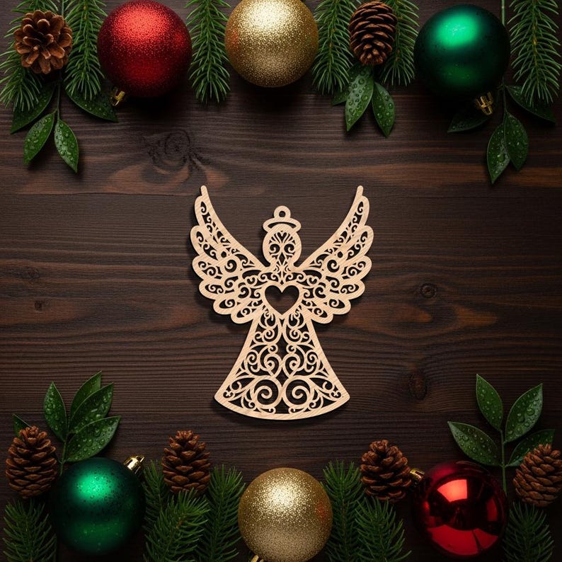 Angel Ornament SVG Laser Cut File, Intricate Christmas Angel With Heart ...