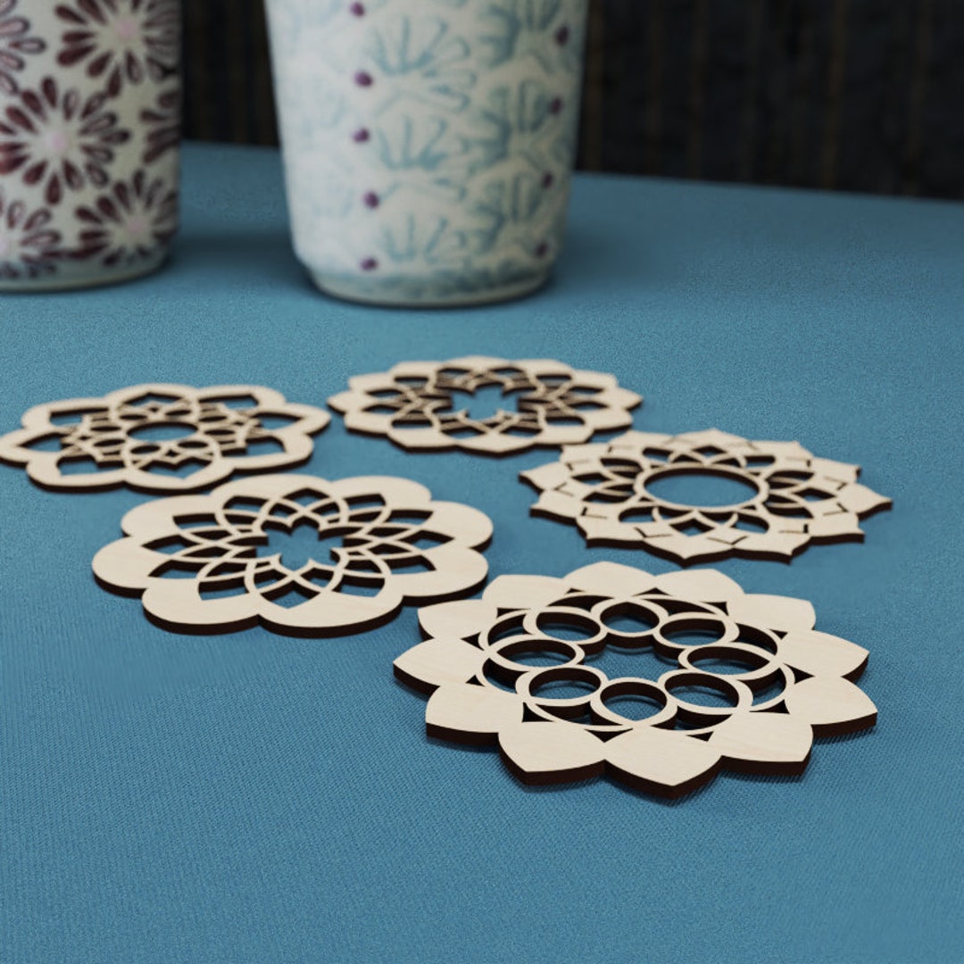 5 Coasters Lotus Laser Cut File, Cup Mat Pad | Digital Download, Svg ...