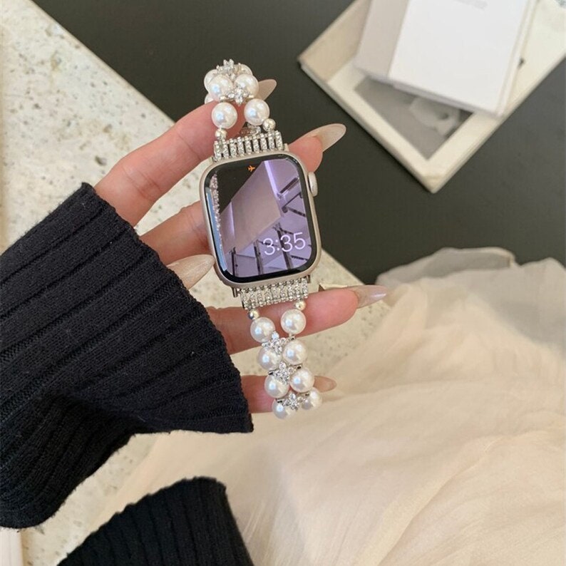 Diamond Apple Watch Band Silver Pearl Bracelet Wristband Luxury Strap ...