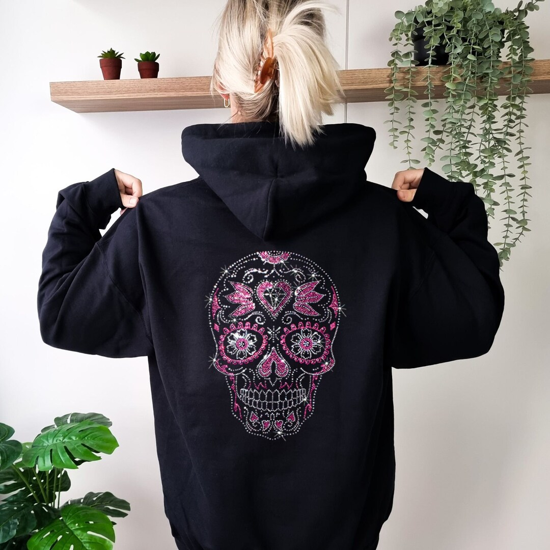 Rhinestones Sugar Skull Hoodie, Purple Pink Skull Jacket, Studs Gothic Punk Sugar Skull ...