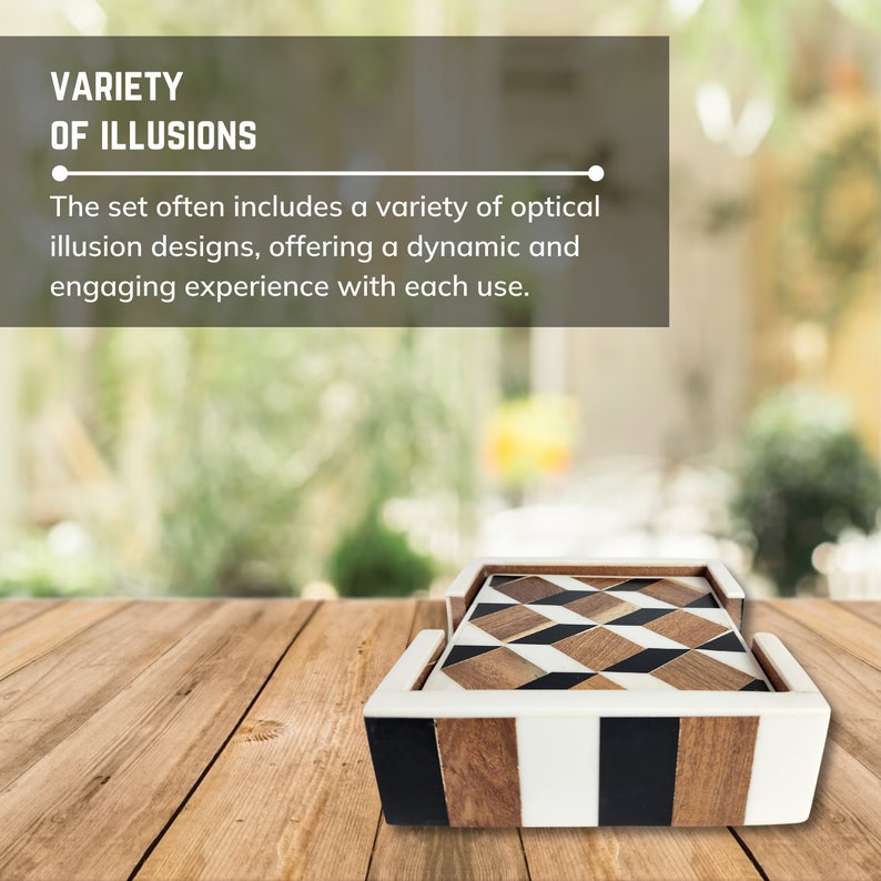 Optical Illusion Coaster Set, Wood Coasters With Holder | Kitchen Gift ...