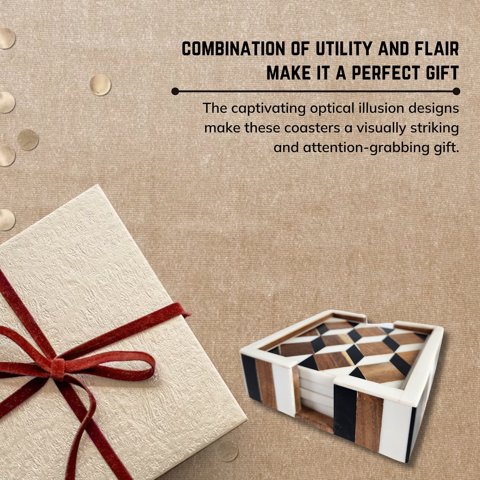 Optical Illusion Coaster Set, Wood Coasters With Holder | Kitchen Gift ...