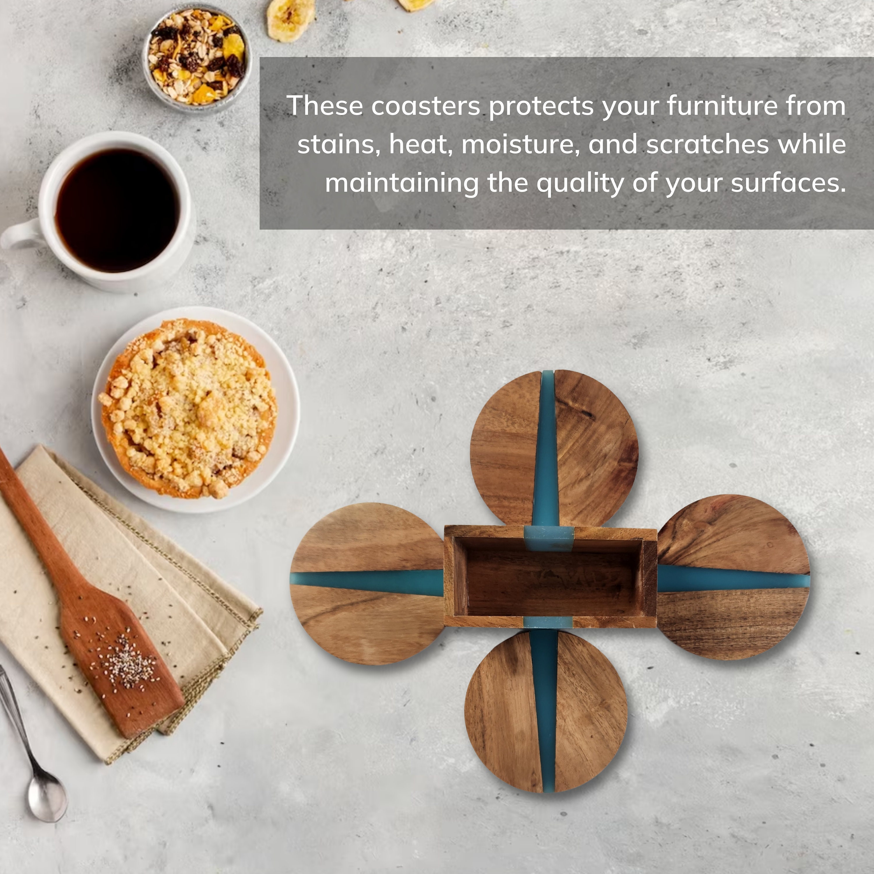 Wooden Epoxy Coaster Set, Handcrafted Coasters With Holder, Resin ...