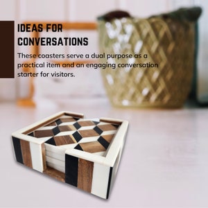 Optical Illusion Coaster Set, Wood Coasters With Holder | Kitchen Gift ...