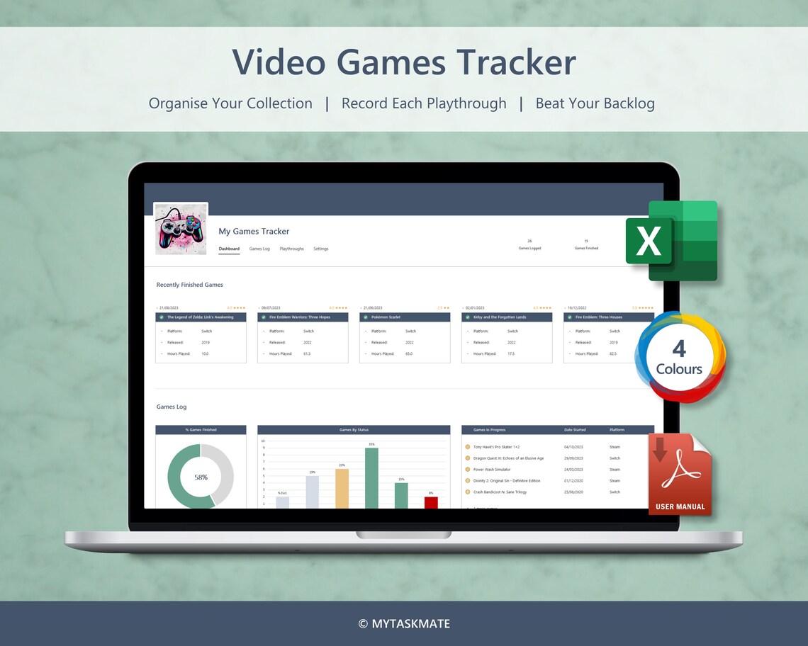 Video Game Tracker for Excel - Game Tracker | Game Journal | Game ...