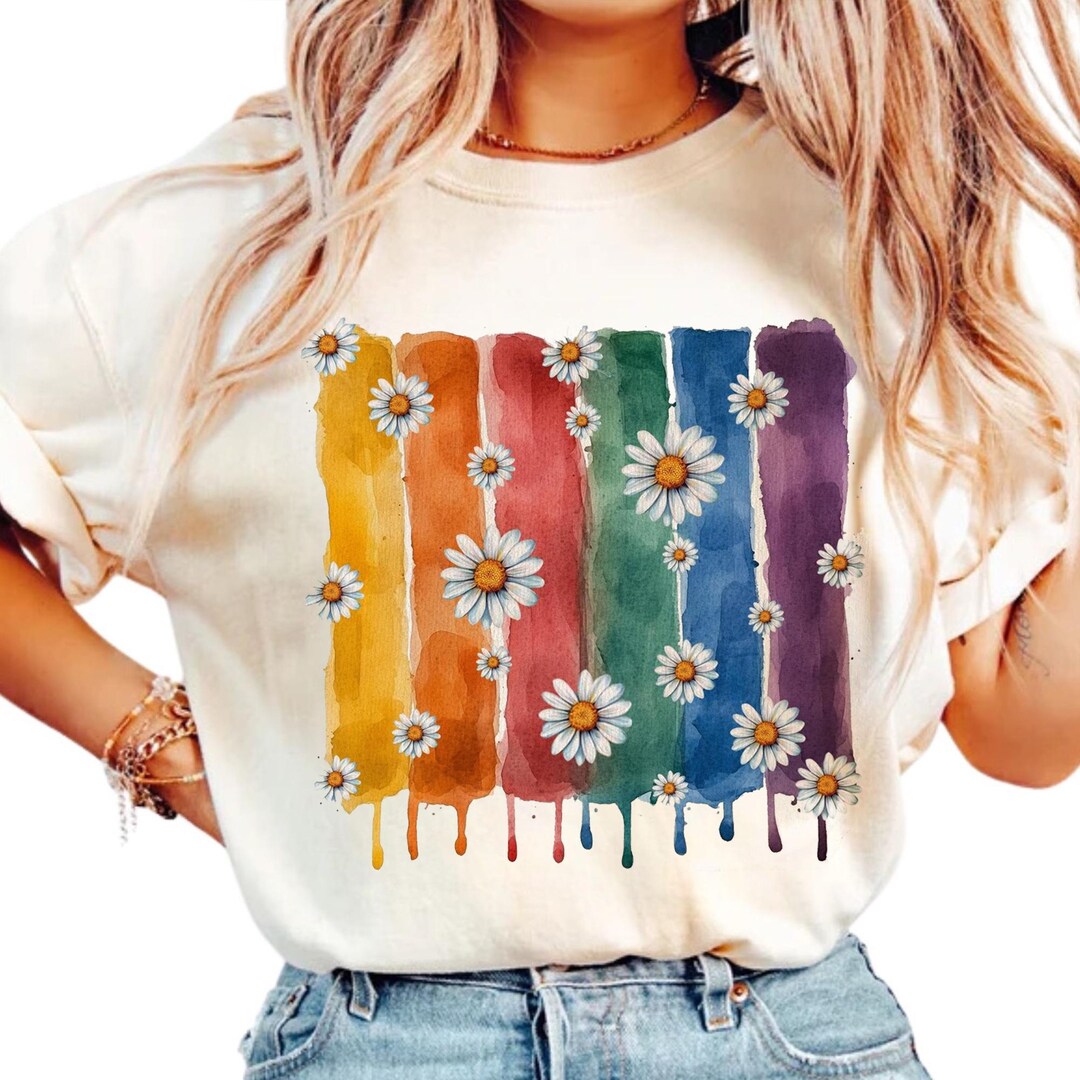 Rainbow Daisy Shirt, LGBTQ Pride Drip Tee, Watercolor Rainbow Flower ...