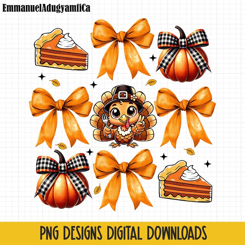 Cute Coquette Bows Turkey Pumpkin Pie Thanksgiving Png, Thanksgiving ...