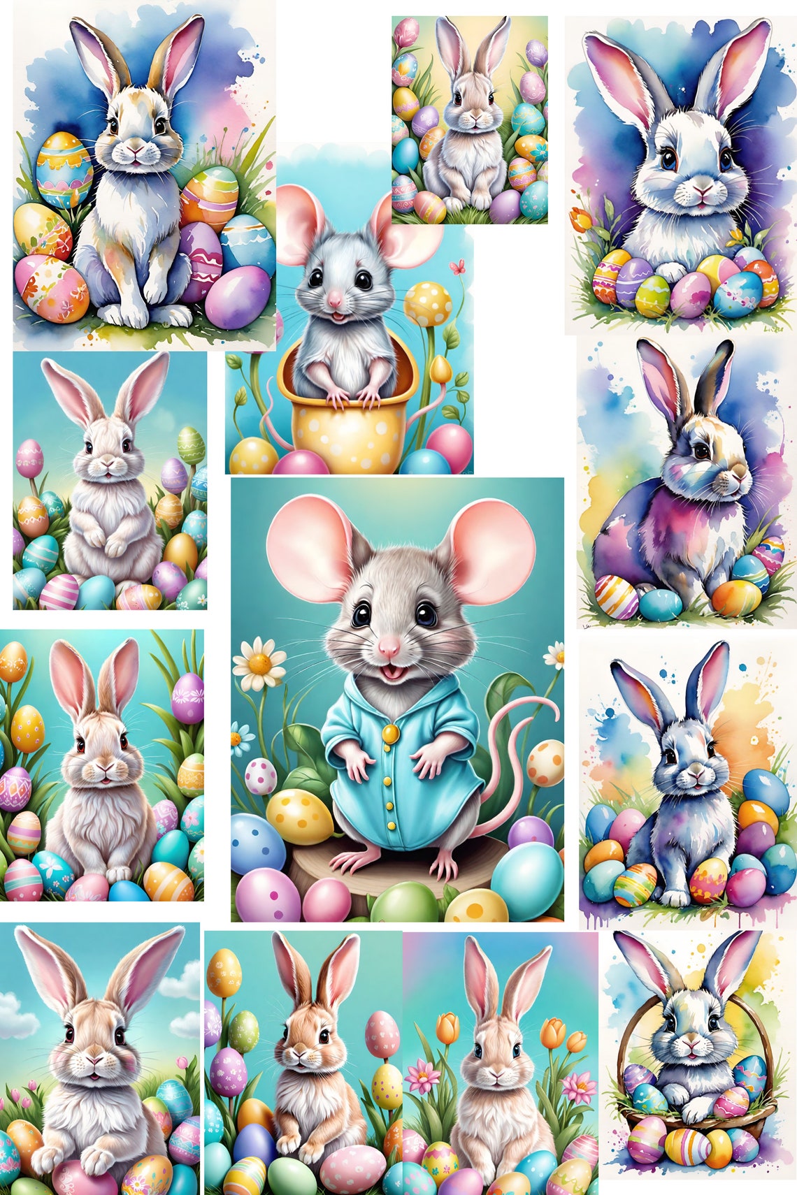 Easter Spring Bunny, Mouse ,flowers and Eggs Clip Art, Illustration Set ...
