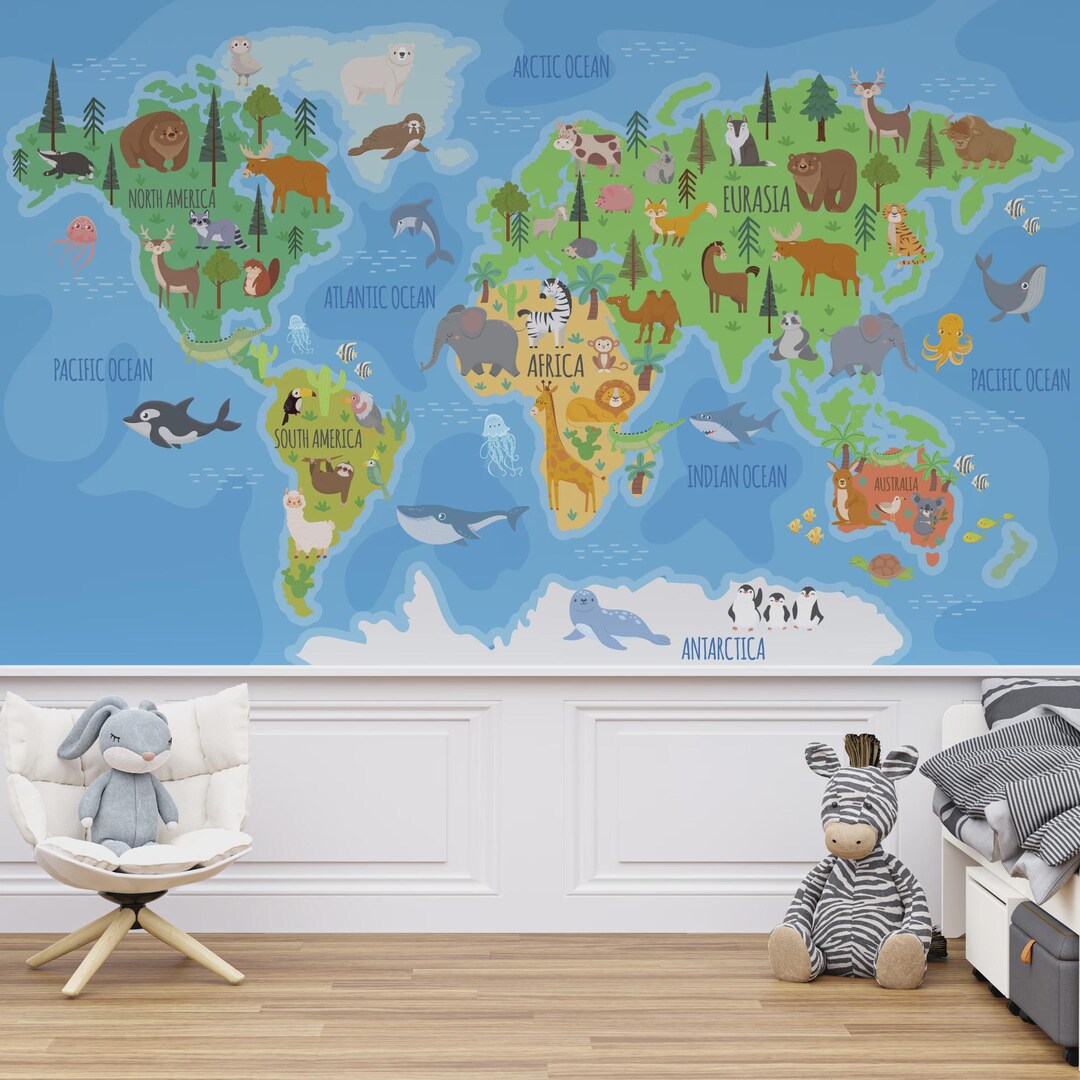 Static Cling World Map With Animals – Educational Reusable Poster for ...