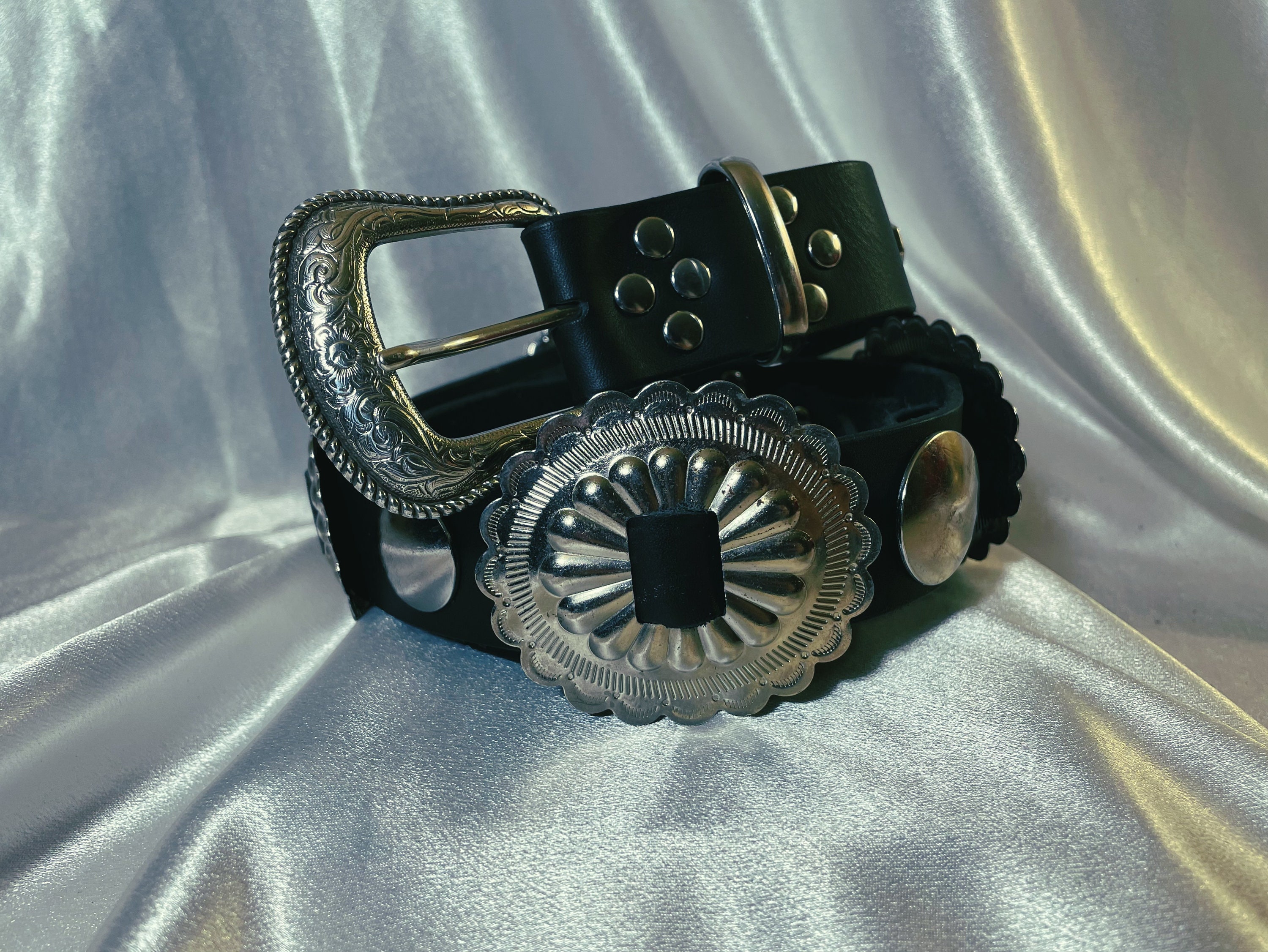 Black Studded Real Leather Large Concho Belt Heavy Metal Rocker Punk ...