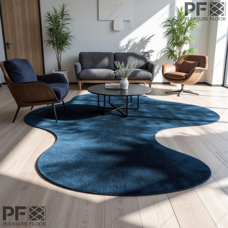 Irregular Wave Shape Silk Viscose Blue Colour Handmade Tufted Wool Area ...