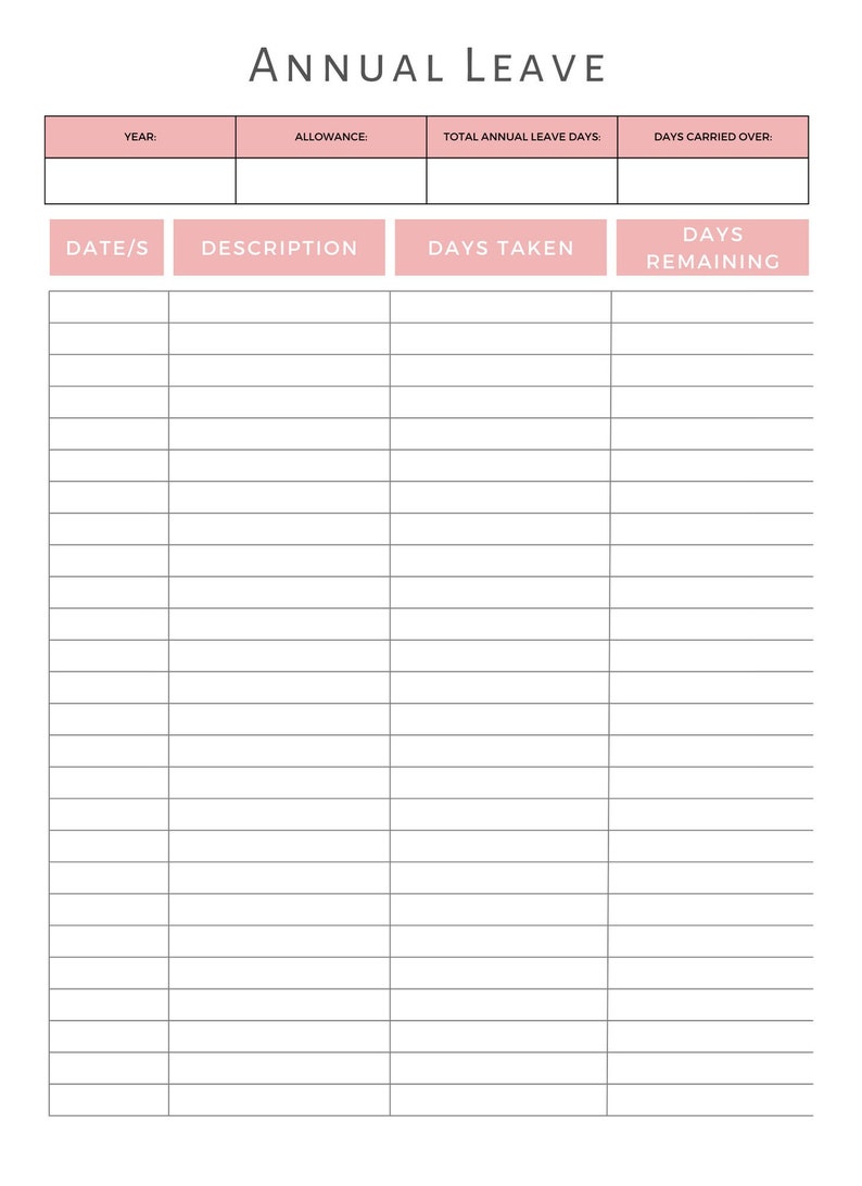 Annual Leave Tracker Printables, Digital Work Leave Tracker, Work ...