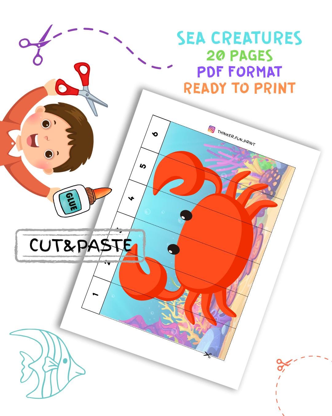 Sea Creatures: Number Strip Puzzles – 20 Printable Cut & Count Pages ...