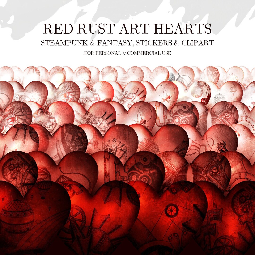 120 Red Rust Art Hearts, 20 Original Hand-drawn Steampunk and Fantasy ...