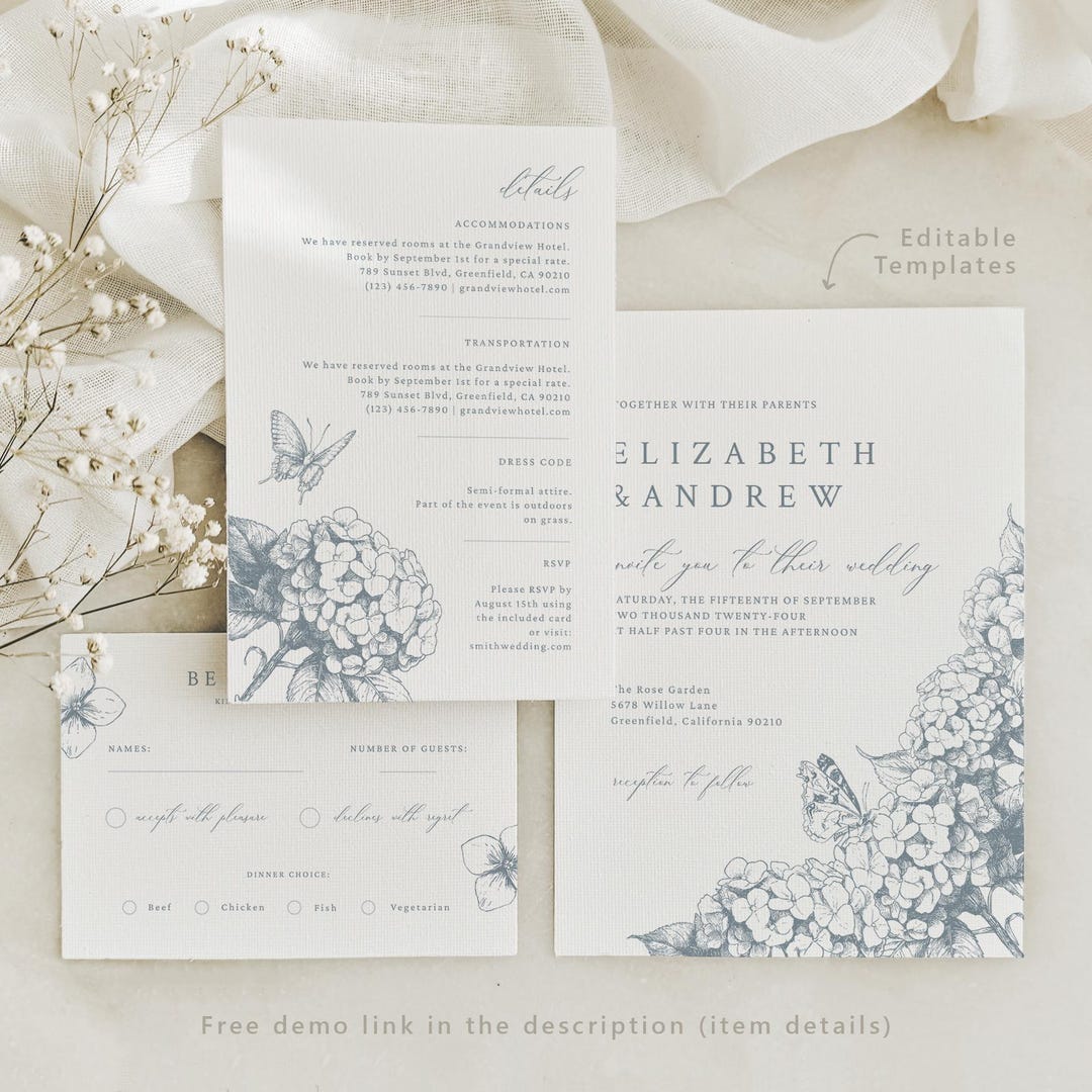 Hydrangea Wedding Invitation Suite Template | Editable & Printable ...