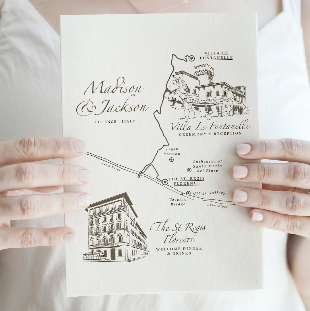 Custom Wedding Map Illustration With 2 Venues Destination Wedding ...