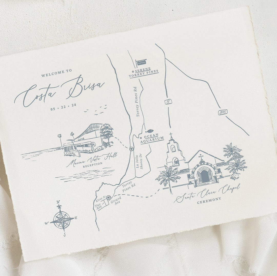 Custom Wedding Map Illustration With 2 Venues Destination Wedding ...