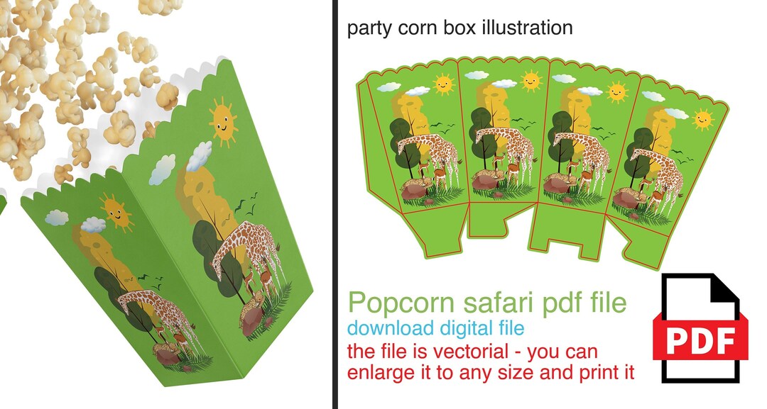 Popcorn Corn Box Safari Popcorn Box Digital Product Printable Pdf File ...