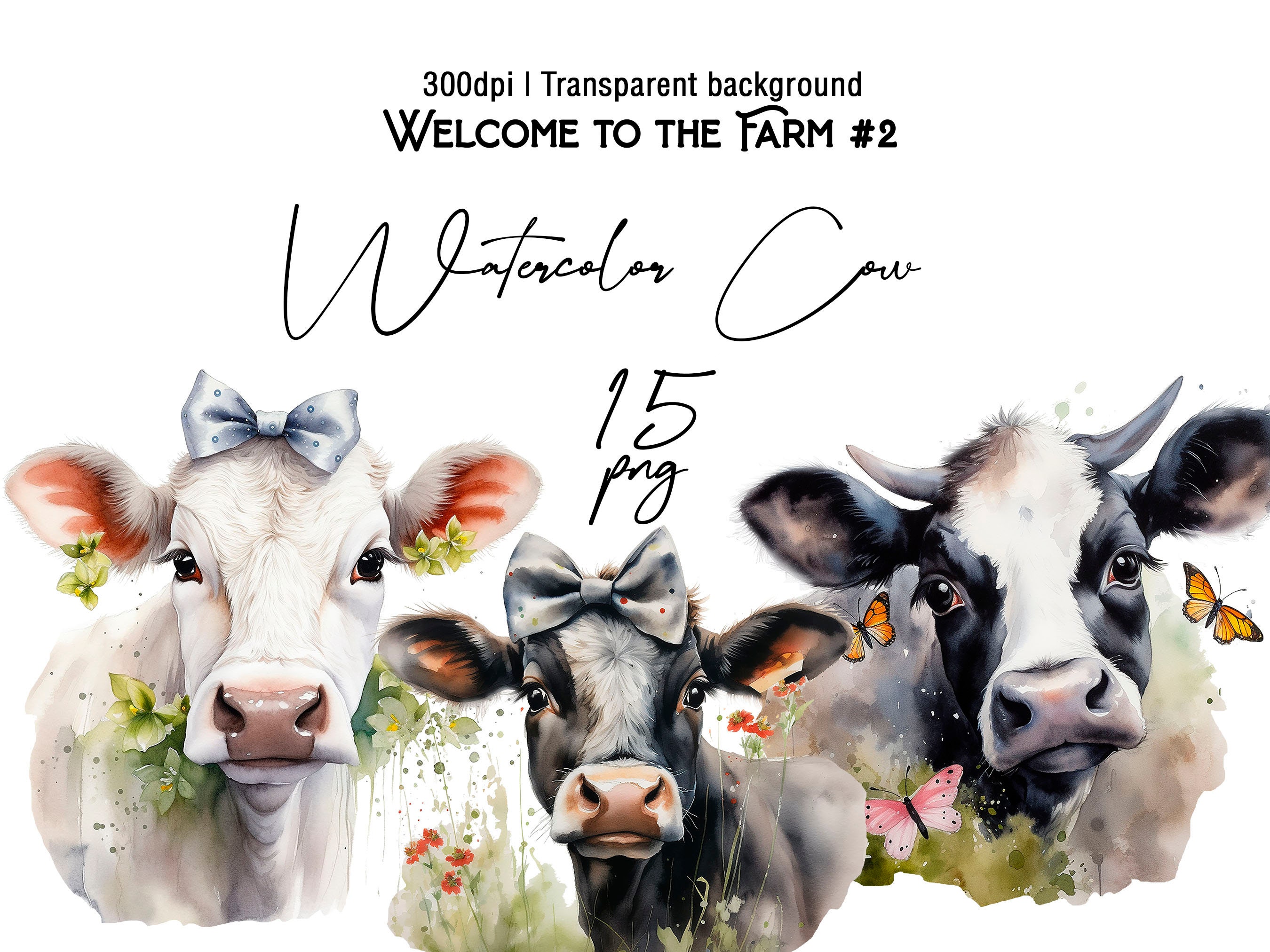 Watercolor Cow Clipart Bundle Farm Animals PNG Nursery Wall Art Floral ...