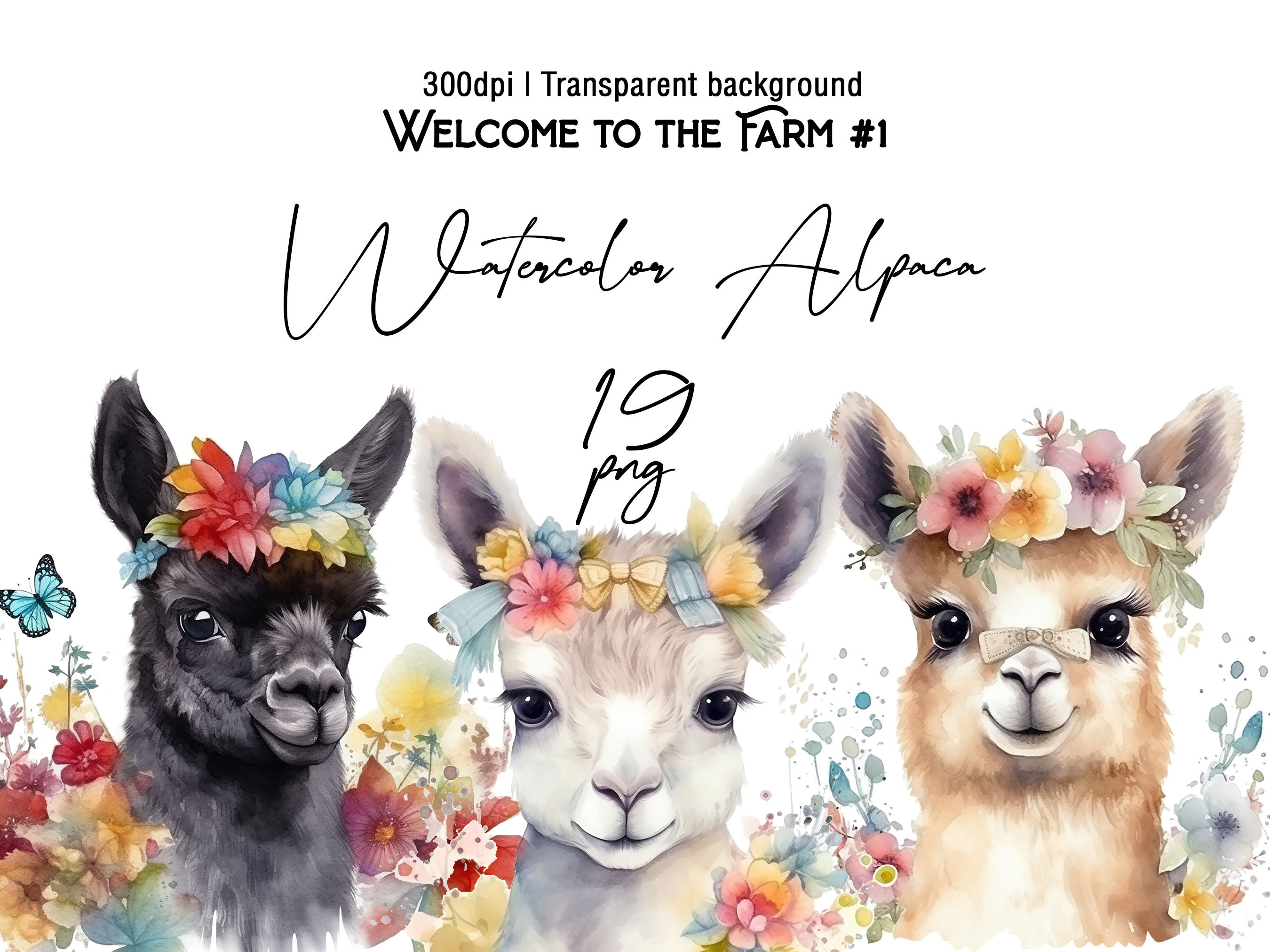 Watercolor Alpaca Clipart Bundle Farm Animals PNG Nursery Wall Art ...