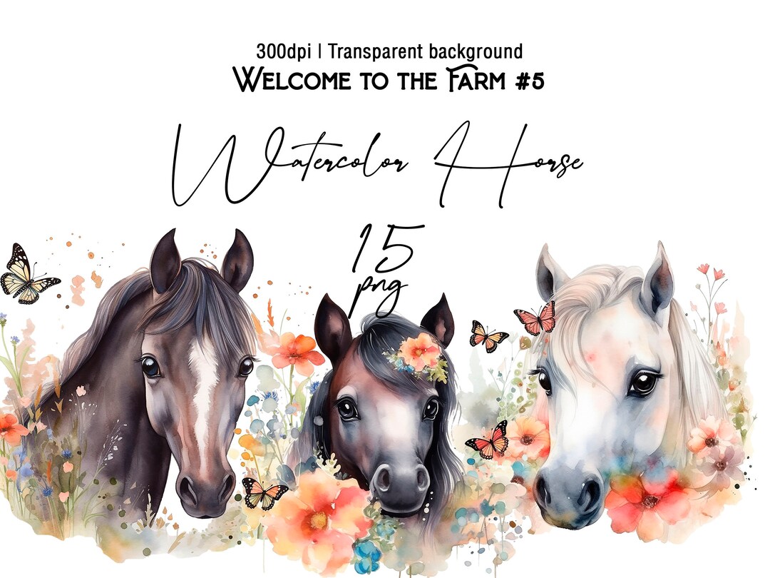 Cute Watercolor Horse Clipart Bundle Farm Animal Illustration PNG ...