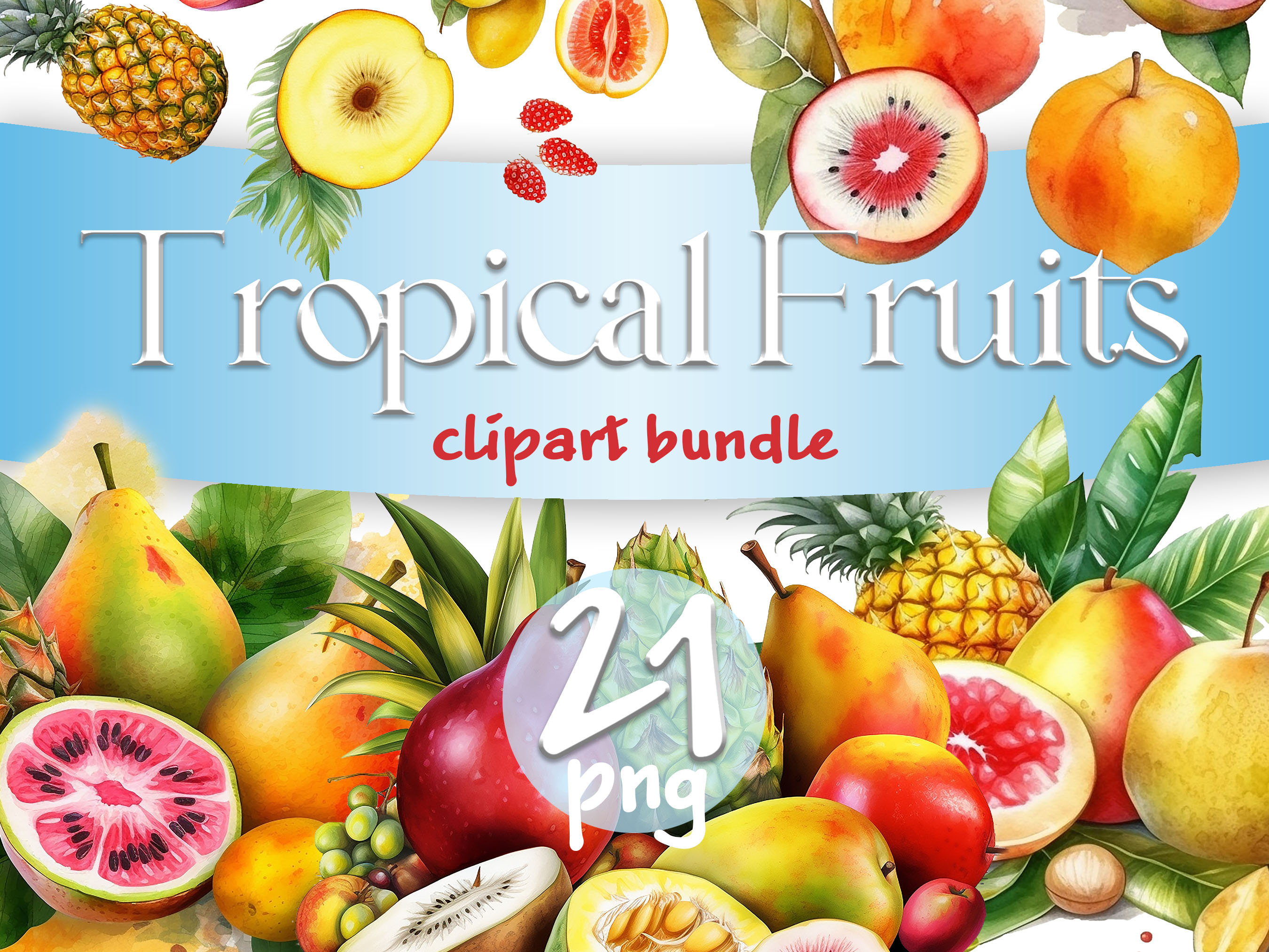 Watercolor Tropical Fruits Clipart Bundle PNG Fruit Set Clipart ...