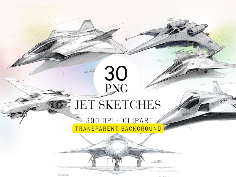Fighter Jet Sketch Clipart Bundle Black White Military Jet PNG Hand ...