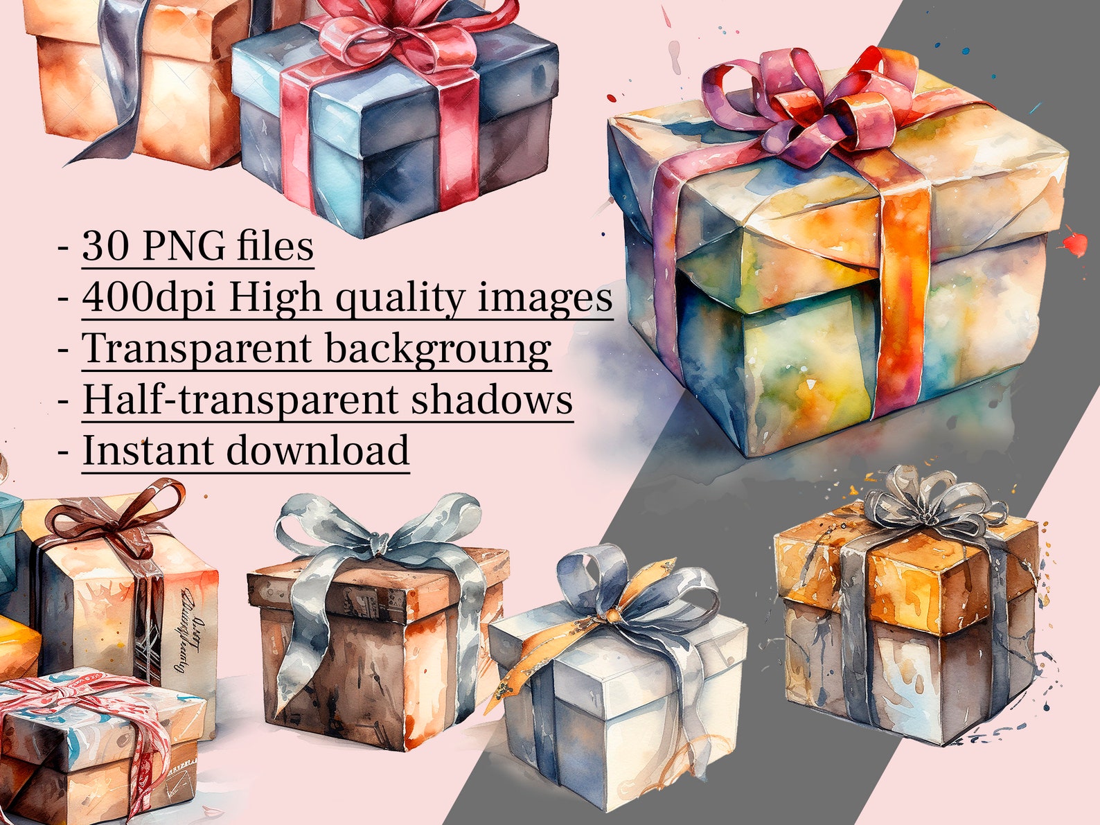 Watercolor Gift Clipart Bundle PNG Vintage Watercolor Present Clip Art ...