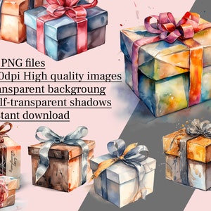 Watercolor Gift Clipart Bundle PNG Vintage Watercolor Present Clip Art ...
