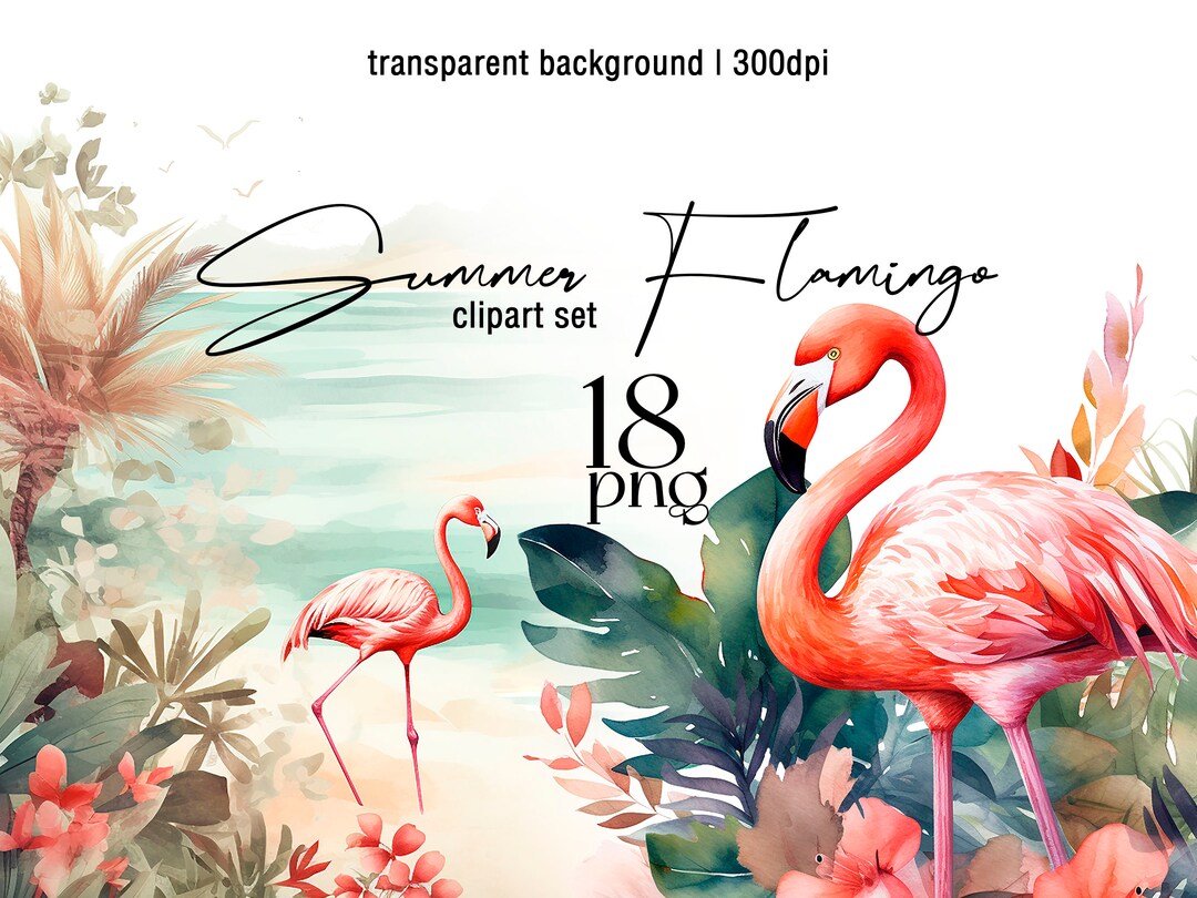 Watercolor Flamingo PNG Bundle Watercolor Beach Flamingo Palm Clipart ...
