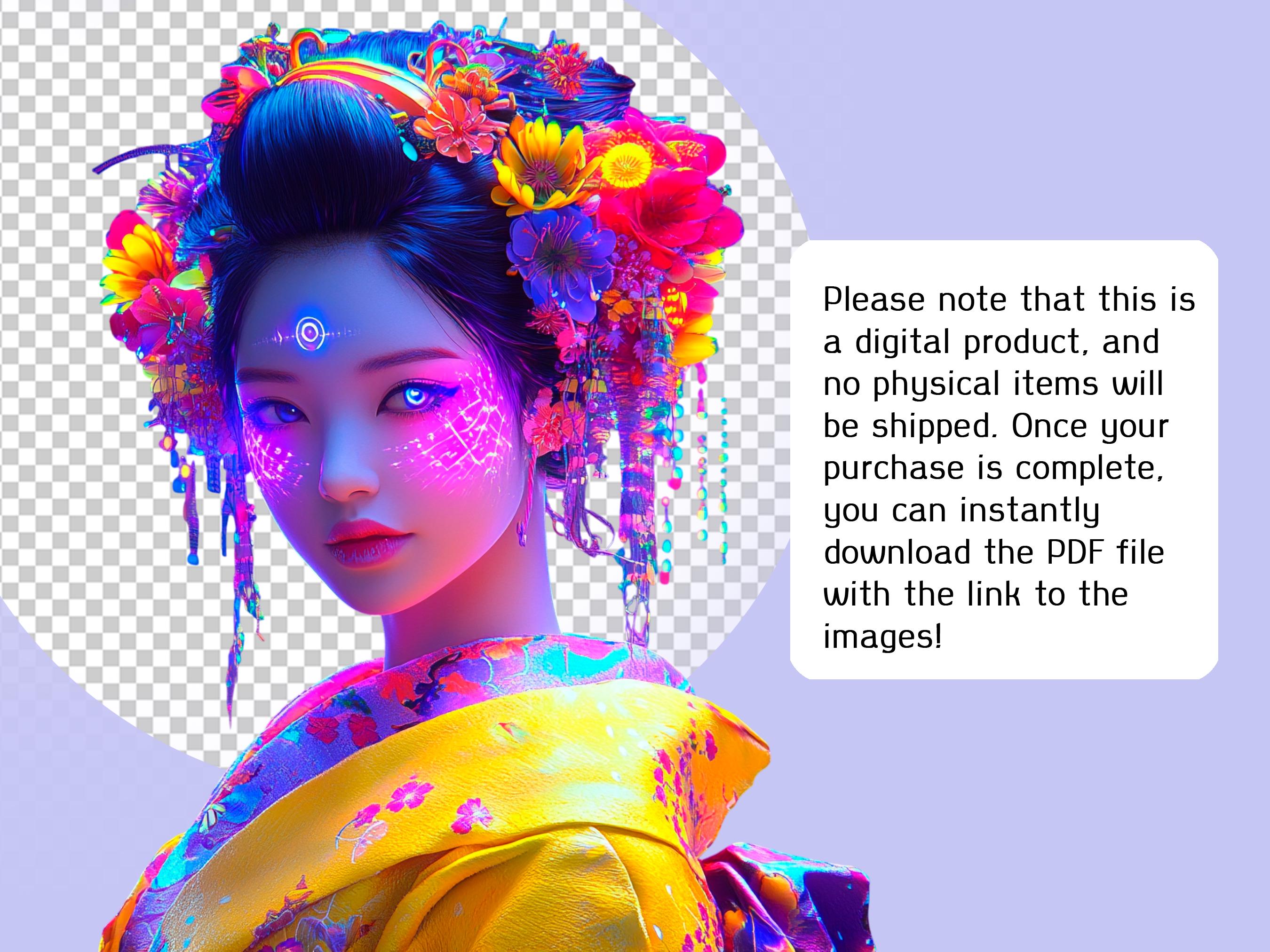 Futuristic Geisha Clipart Bundle PNG Psychedelic Japanese Girl ...