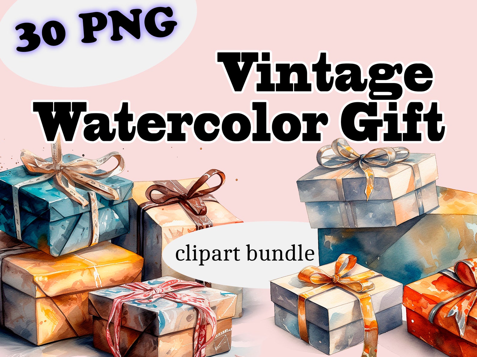 Watercolor Gift Clipart Bundle PNG Vintage Watercolor Present Clip Art ...
