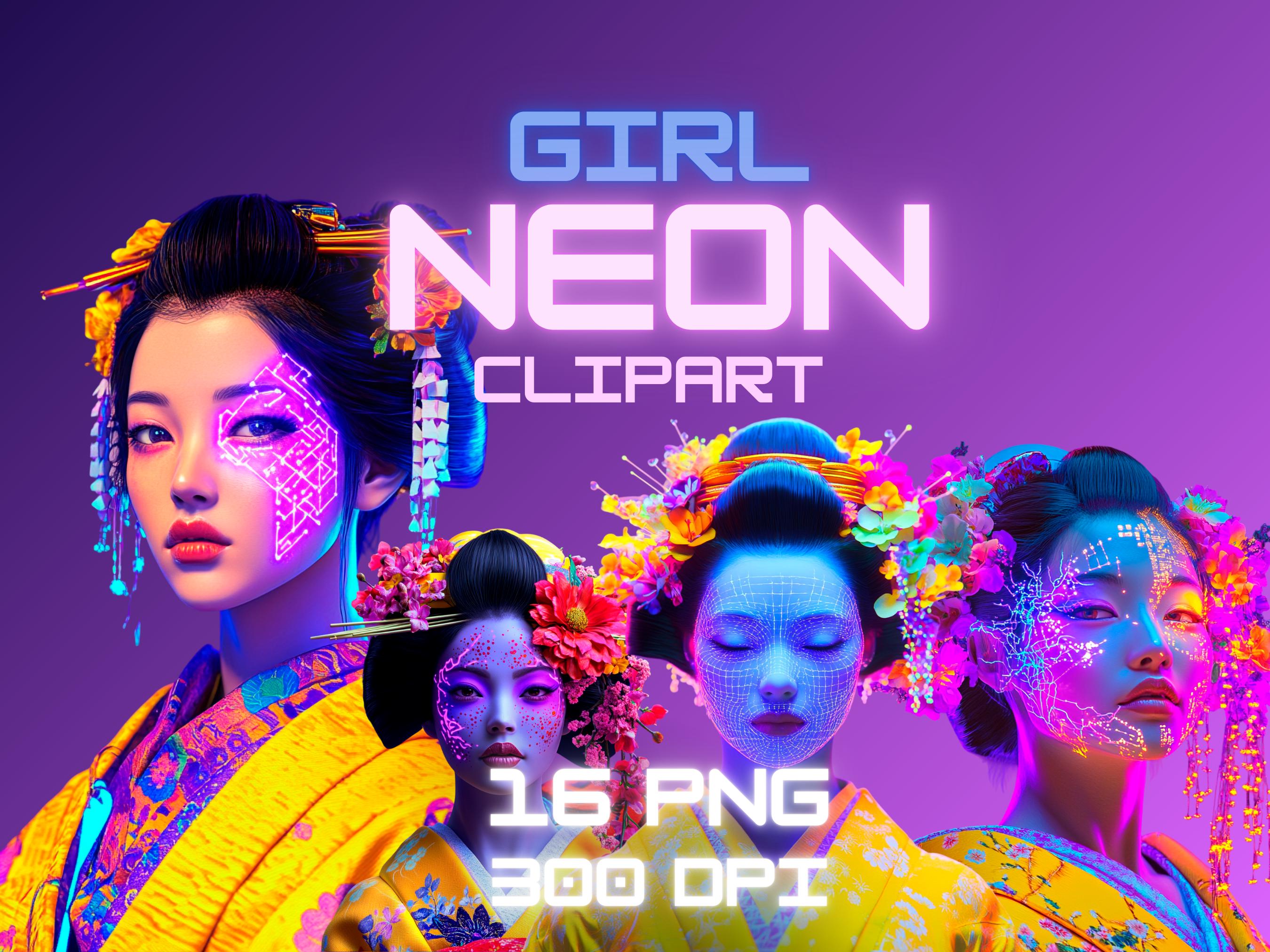 Futuristic Geisha Clipart Bundle PNG Psychedelic Japanese Girl ...