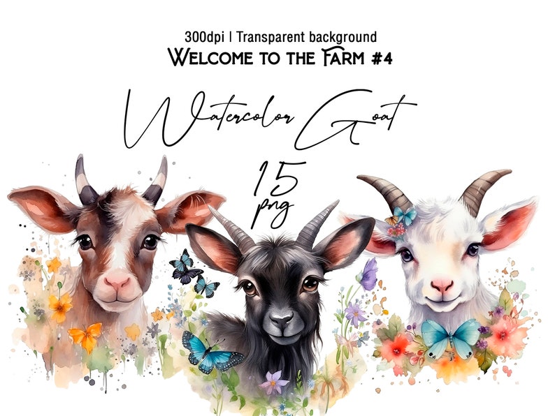 Cute Baby Goat Clipart Bundle Watercolor Farm Animal Illustration PNG ...