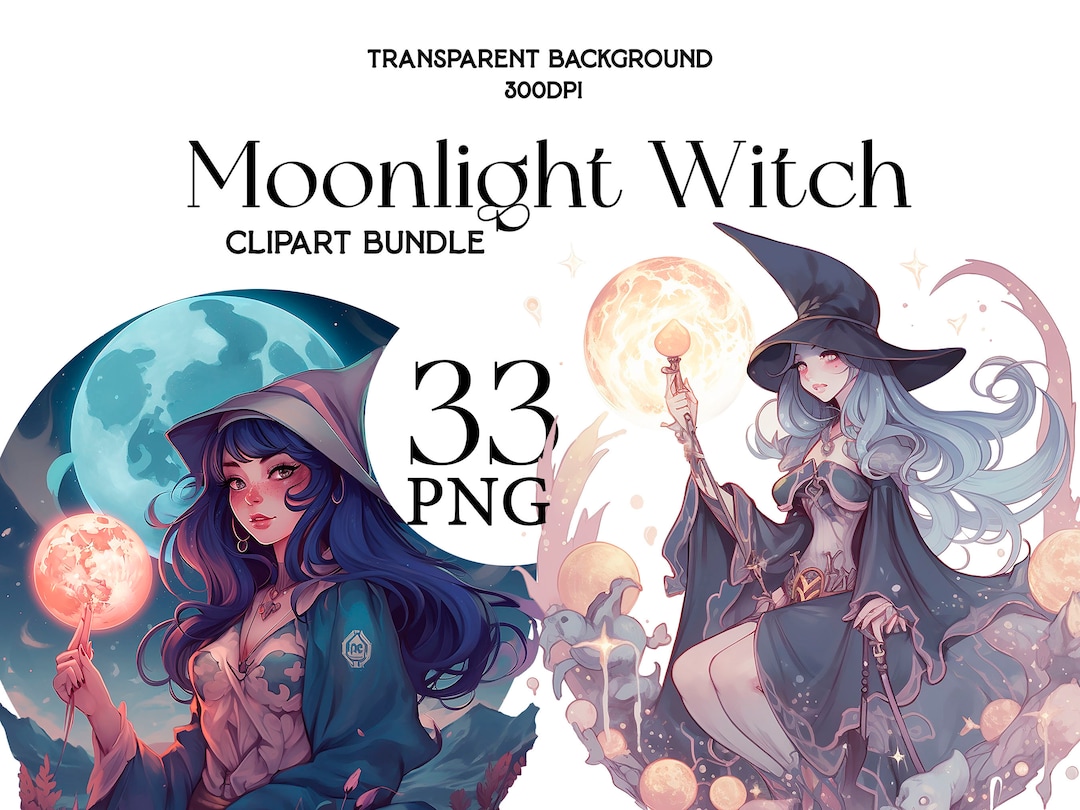 Anime Witch Clipart Bundle PNG Moonlight Witch Wallart Night Magic ...