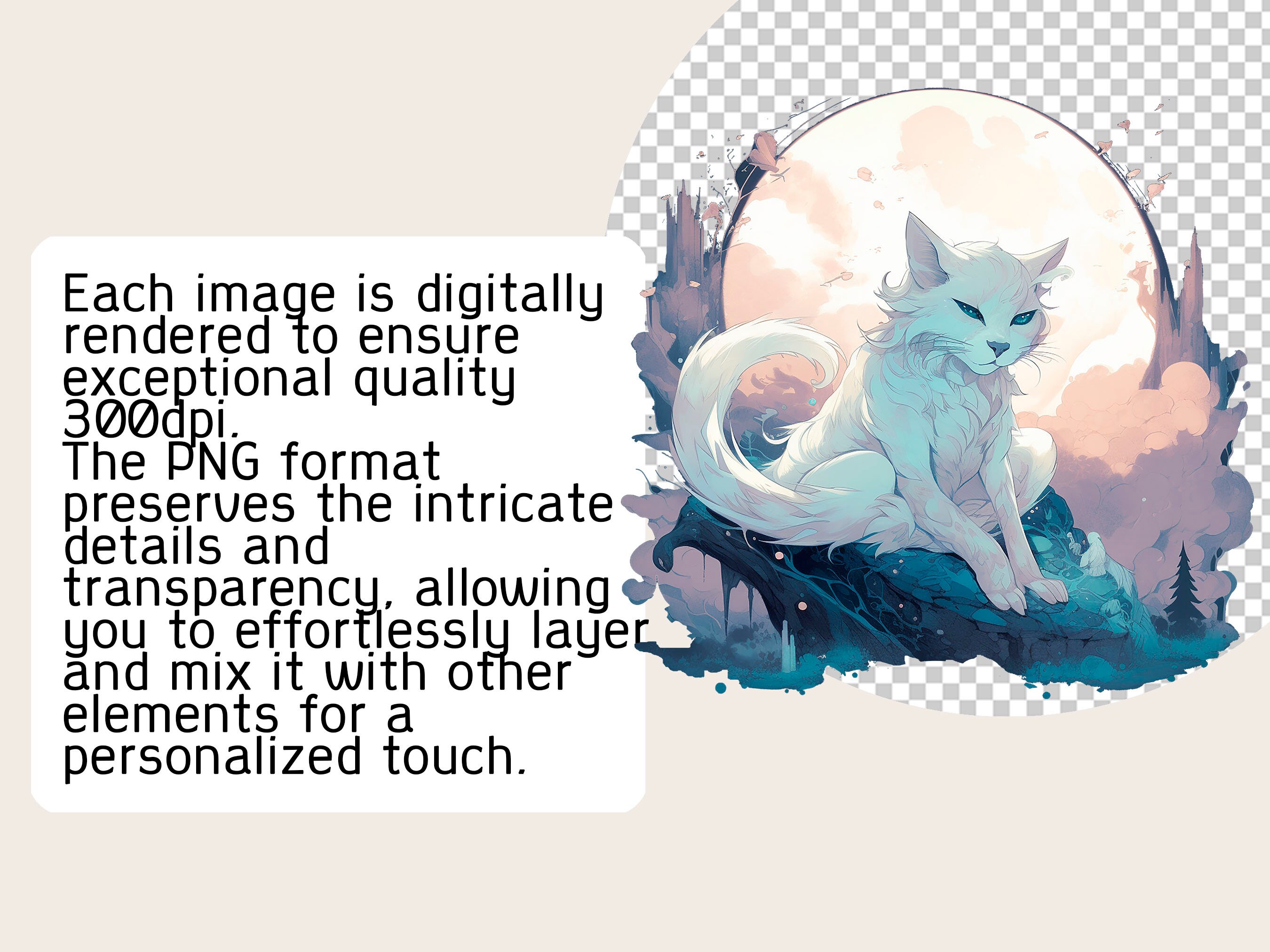 Moon Night Cat Clipart Bundle PNG Kitten Clipart Magic White Cat ...
